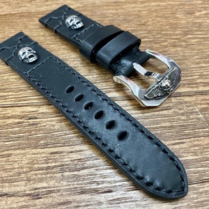 Black Leather Watch Straps 20mm, Sterling Silver 925 Skull, Buckle ...