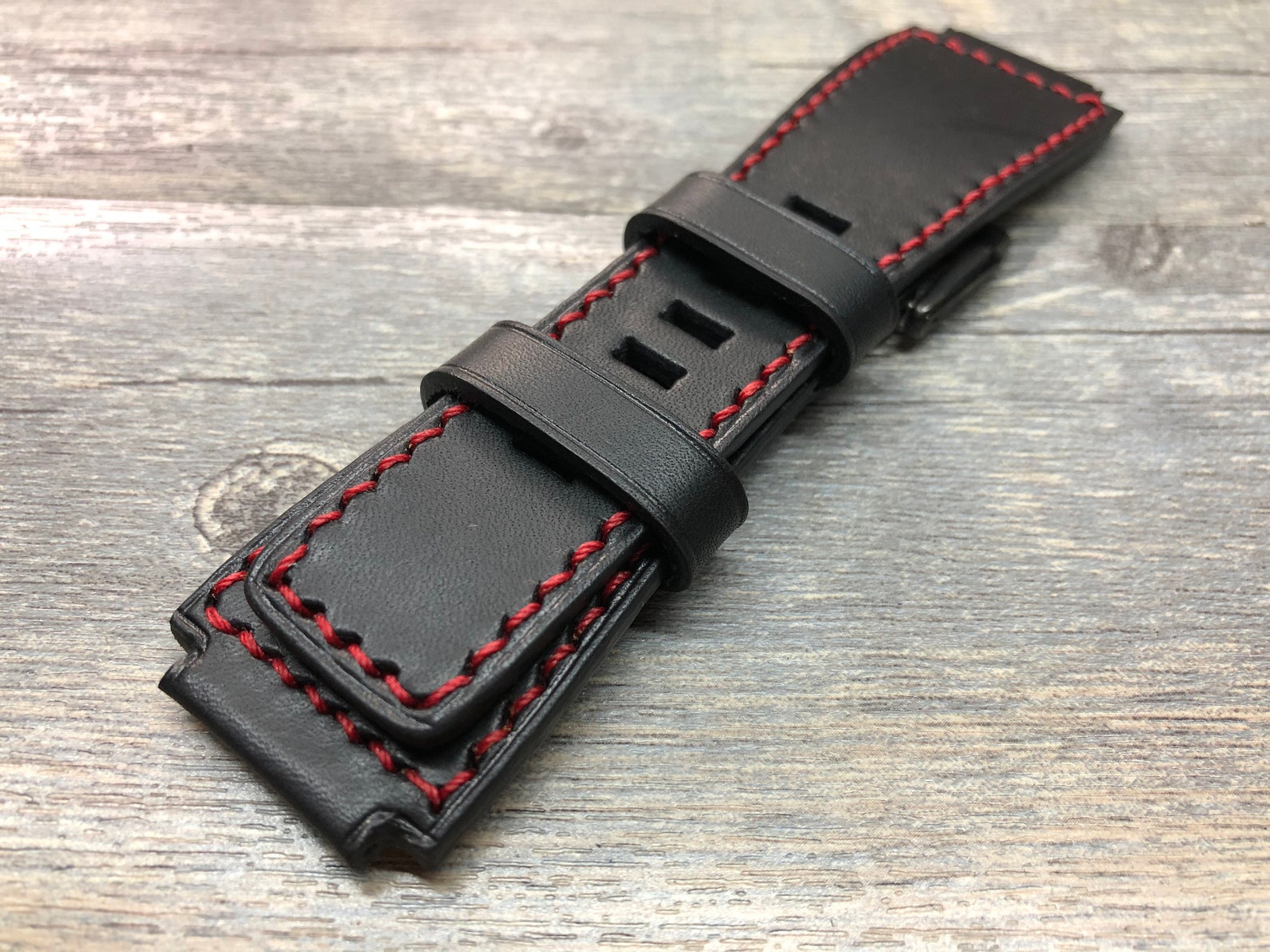 Black Leather Watch Strap With Red Stitching 24mm Watch Strap - Etsy