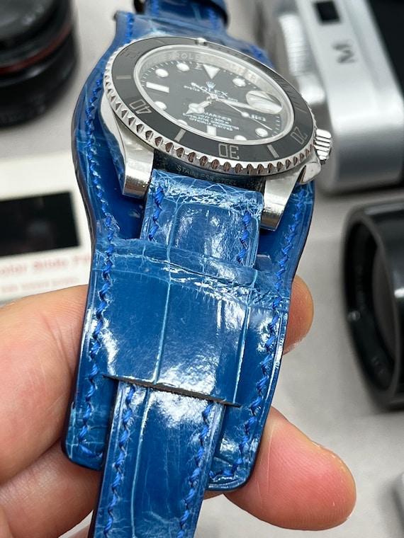 Leather Watch Straps in Alligator Skin Leather Watch Band 22mm 20mm 19mm Blue Leather Bund Straps Round Shape Cuff Strap Wristwatch Band Etsy UK