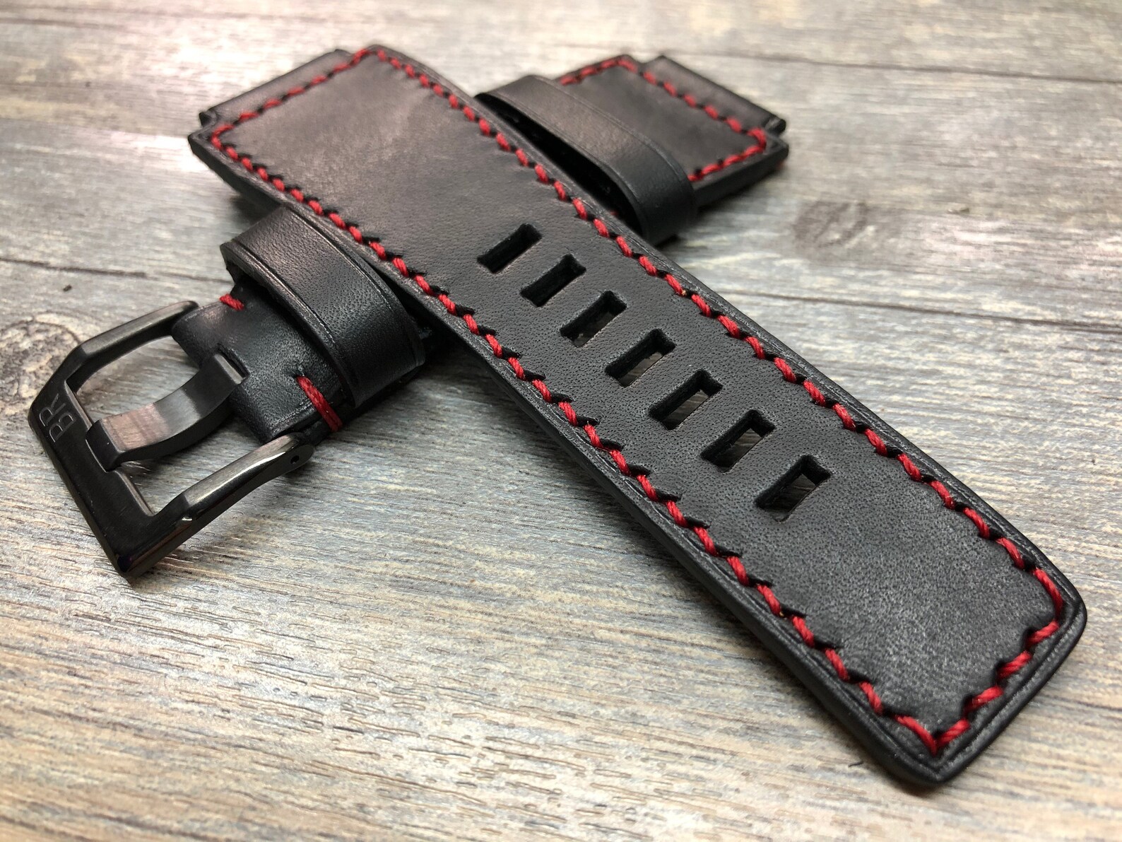 Black Leather Watch Strap with Red Stitching 24mm Watch Strap | Etsy