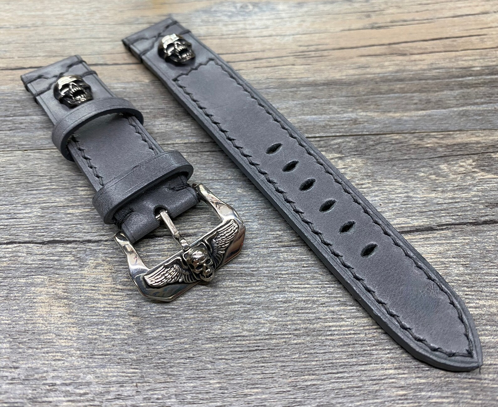 Gray Leather Watch Straps 20mm Sterling Silver 925 Skull | Etsy