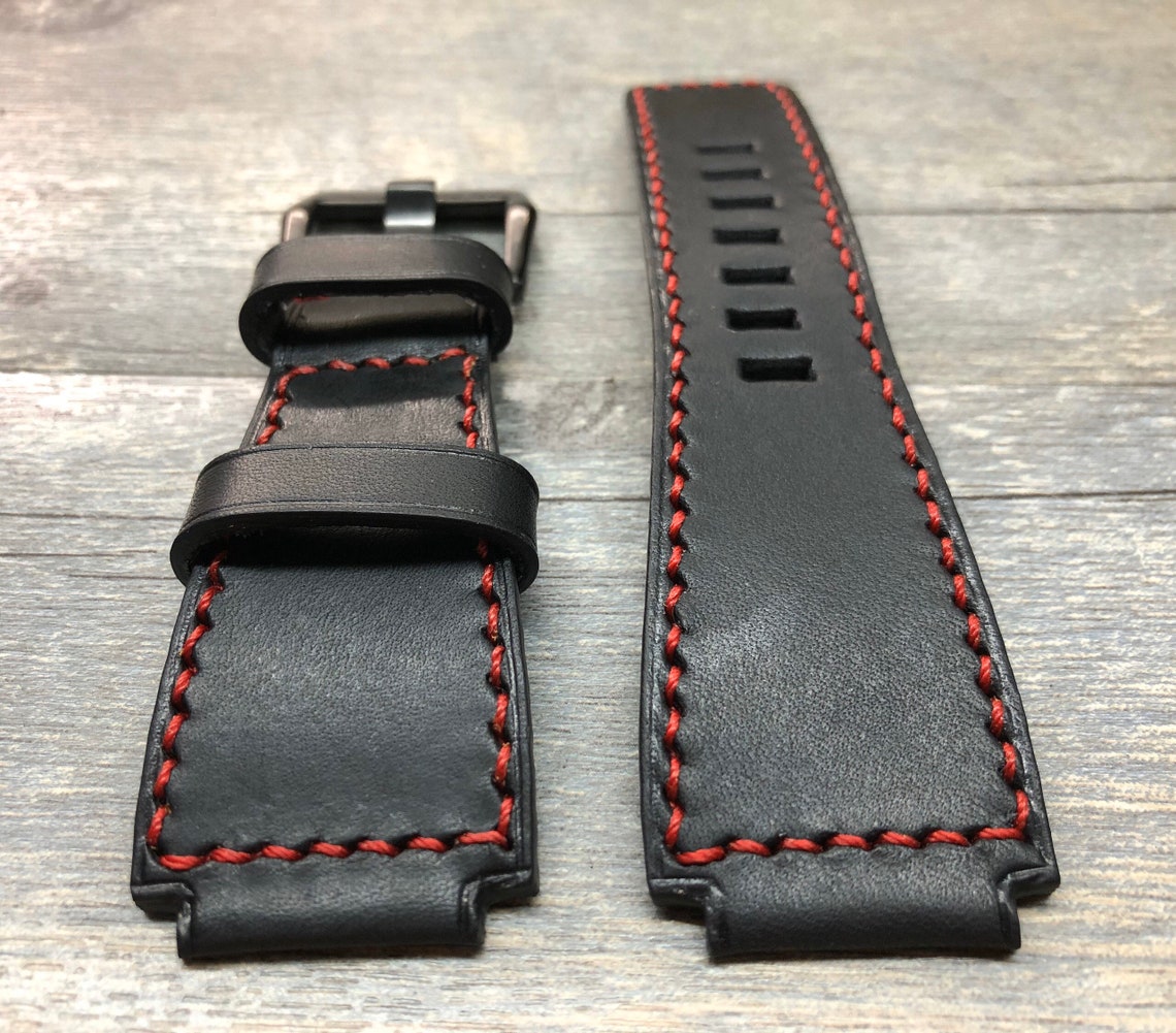 Black Leather Watch Strap with Red Stitching 24mm Watch Strap | Etsy
