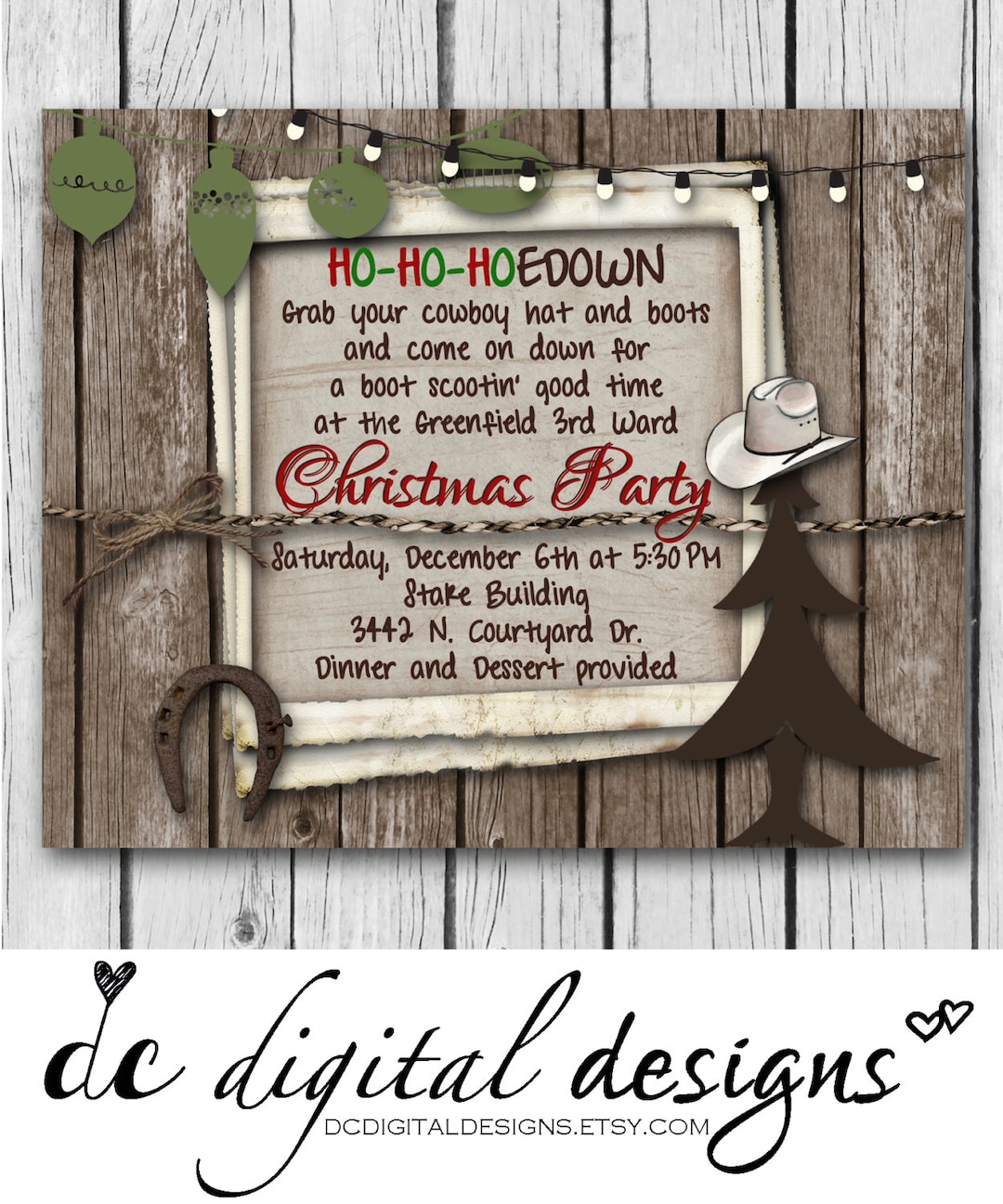 Cowboy Christmas Invitation, Hoedown, Western, Wood, Rustic, Horse Shoe ...