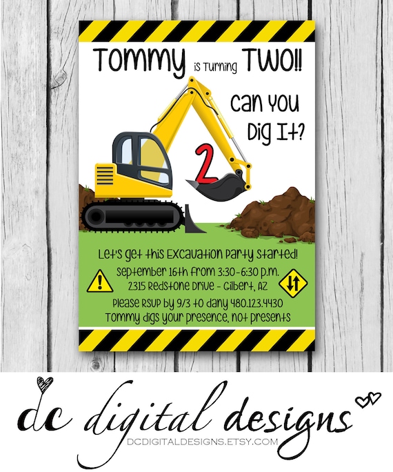 BOY BIRTHDAY Invitation Excavator Yellow Construction | Etsy