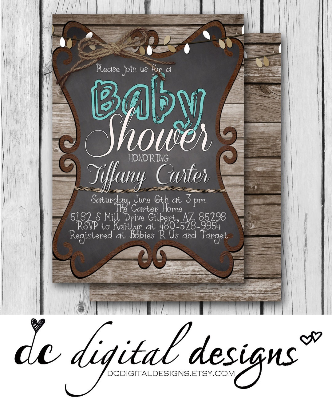 BOY BABY SHOWER Invitation, Rustic, Blue, Wood, Twine, Chalkboard, Rope ...