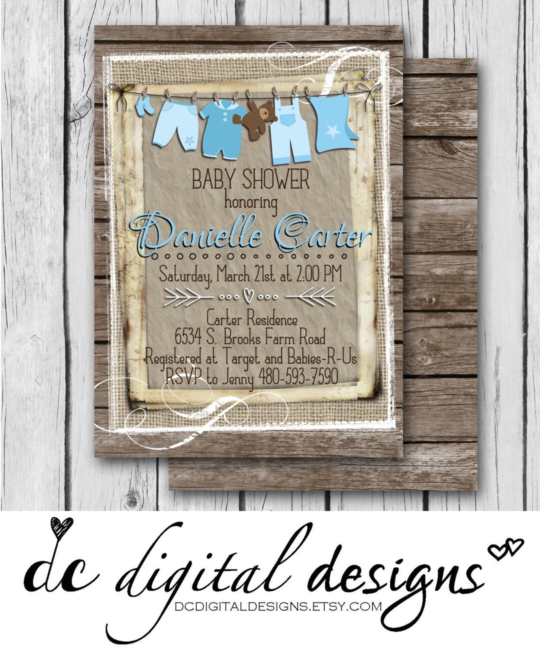 Rustic BOY BABY SHOWER Invitation, Blue, Wood, Bear, Overalls, Clothes ...