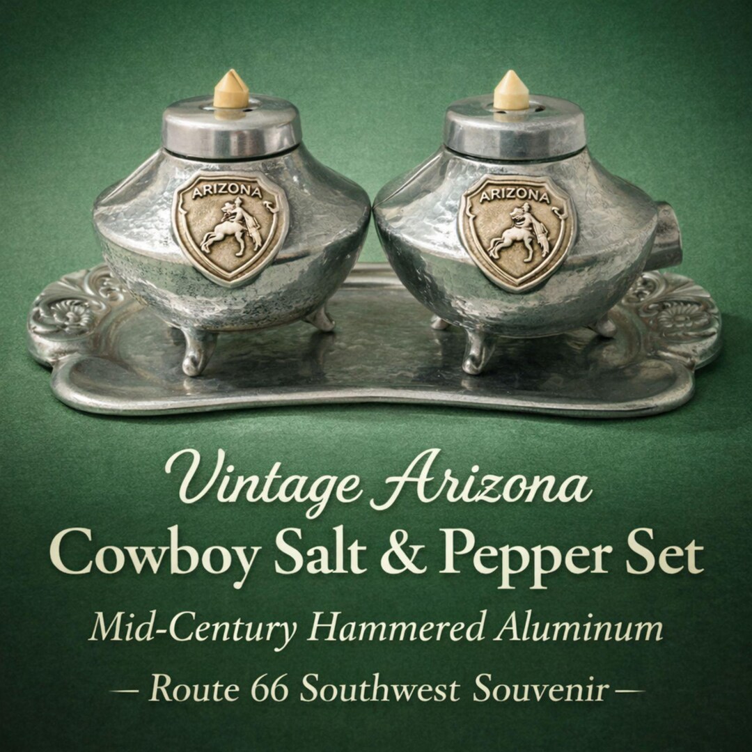 Vintage Arizona Cowboy Salt Pepper Set W Tray Hammered Aluminum Japan ...