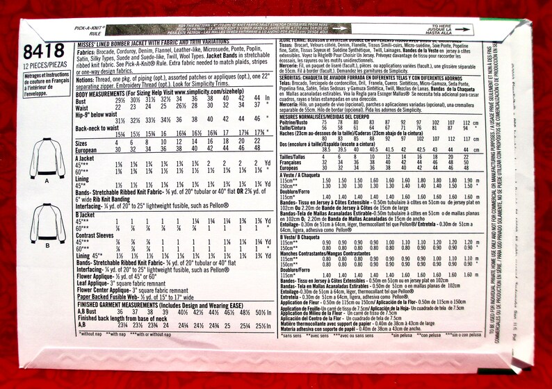 Simplicity Sewing Pattern 8418 Bomber Jacket Casual | Etsy