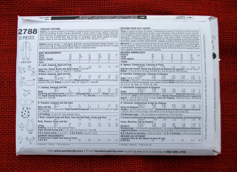 Simplicity Sewing Pattern 2788 Costumes Lamb Duck Ladybug | Etsy