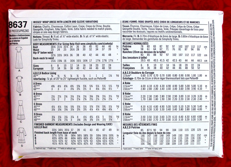 Simplicity Sewing Pattern 8637 Wrap & Tie Dress Ruffle - Etsy