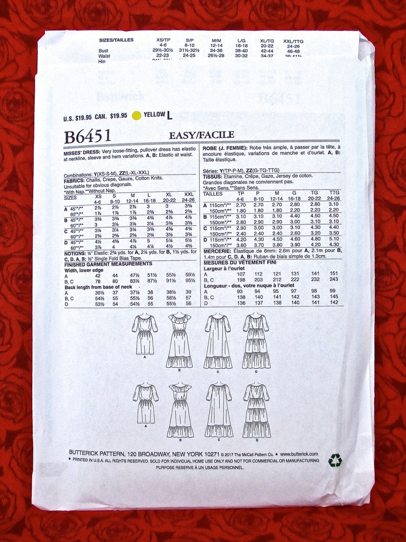 Butterick Sewing Pattern B6451 Peasant Dress Loose Fit Maxi | Etsy