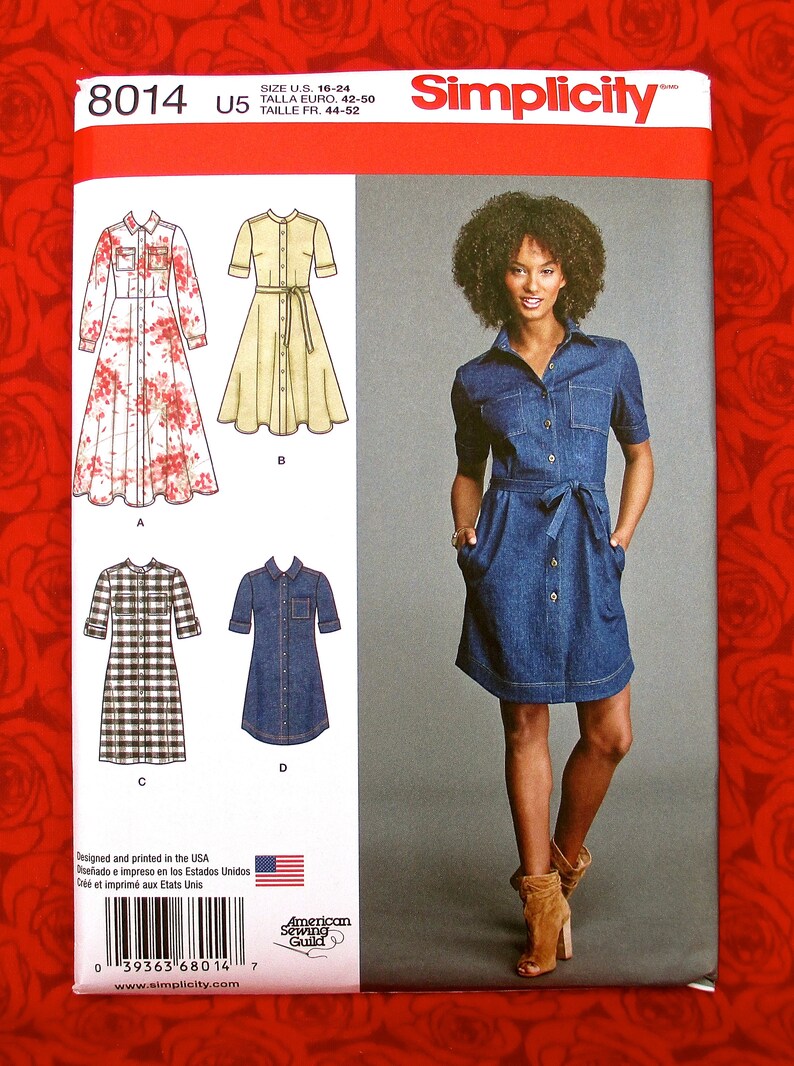 Simplicity Sewing Pattern 8014 Button Front Shirt Dress Belt | Etsy