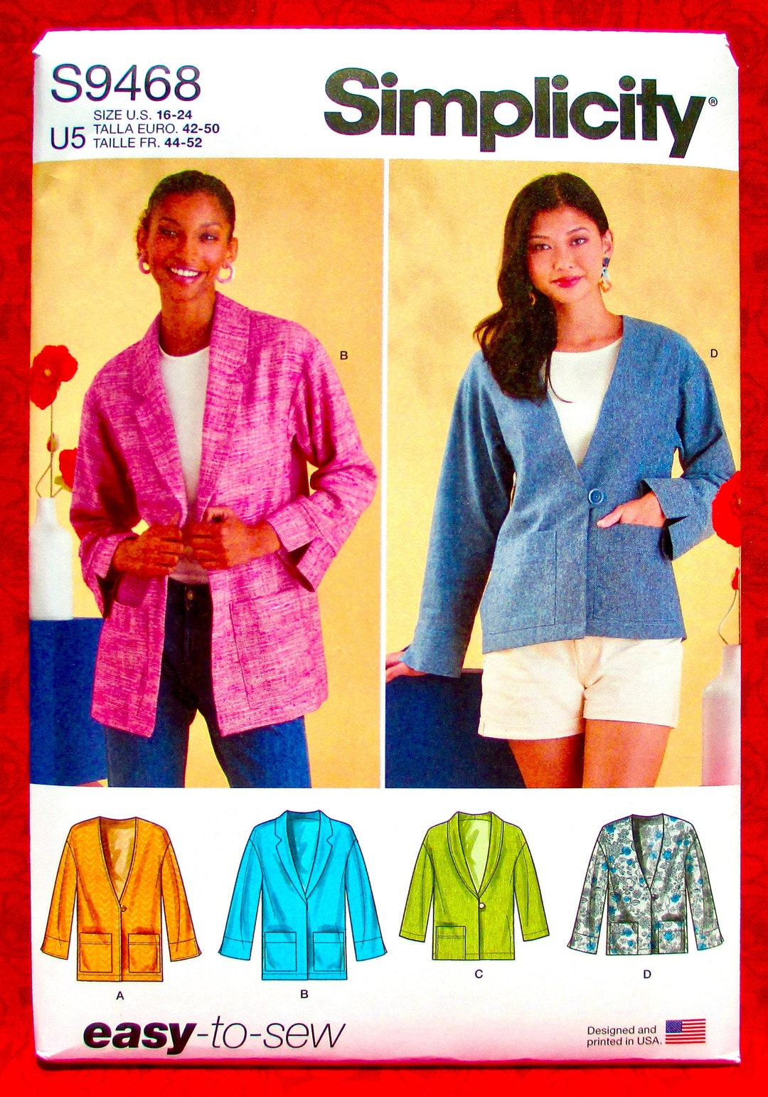 Simplicity Easy Sewing Pattern S9468 Loose Fit Blazer Jacket, Unlined ...