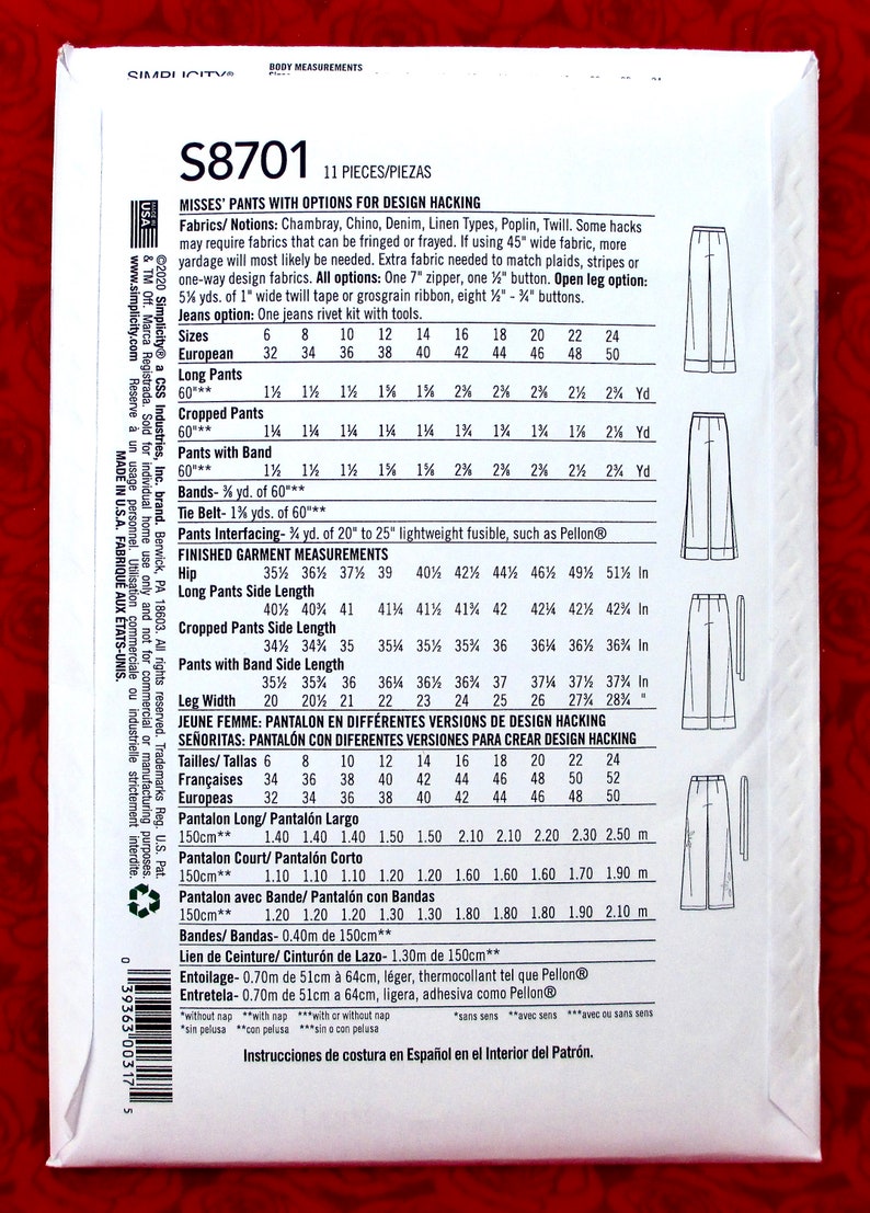 Simplicity Sewing Pattern 8701 Pants Jeans Long Cropped | Etsy