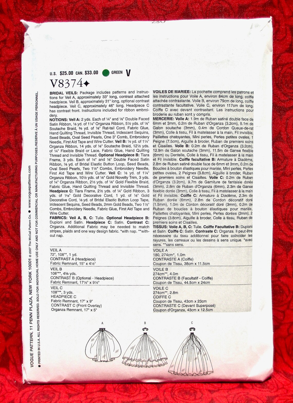 Vogue Sewing Pattern V8374 Bridal Veils Headpieces Hip - Etsy