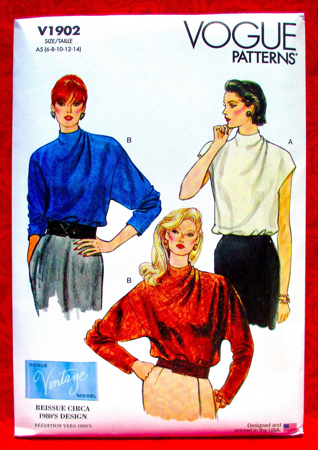 Vogue Sewing Pattern V1902, 1980's Loose Fit Blouse, Short & Long ...