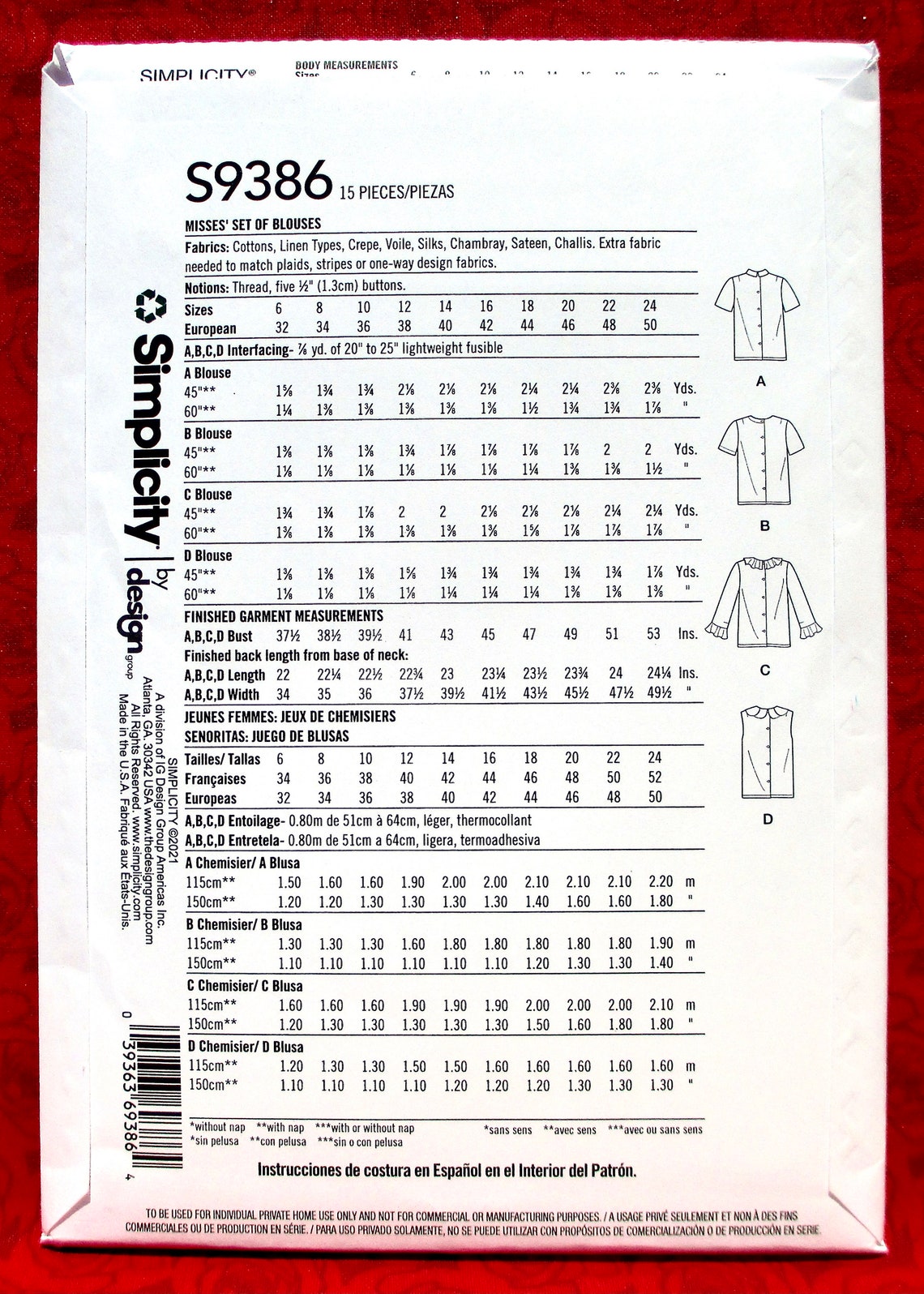 Simplicity Sewing Pattern S9386 1960's Blouses Short & - Etsy