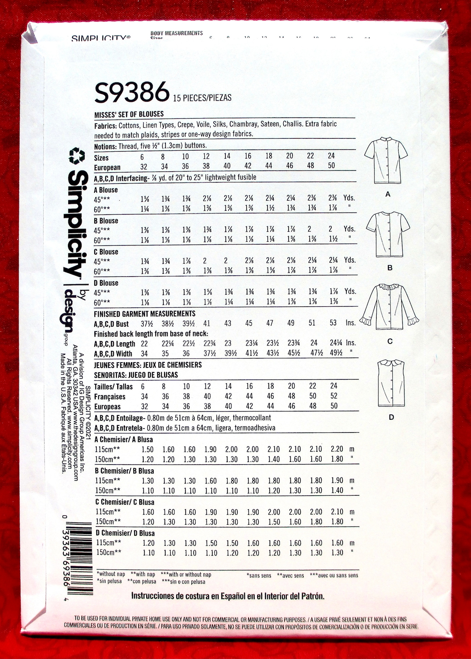 Simplicity Sewing Pattern S9386 1960's Blouses Short & - Etsy