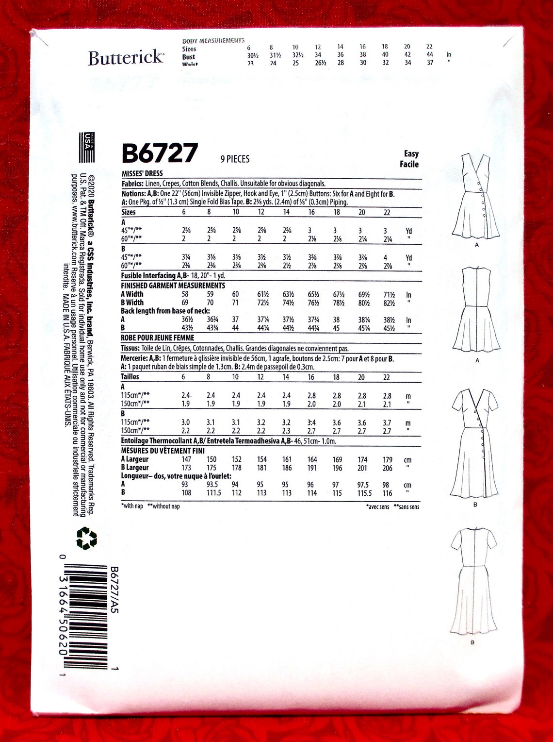 Butterick Easy Sewing Pattern B6727 Mock Button Front | Etsy