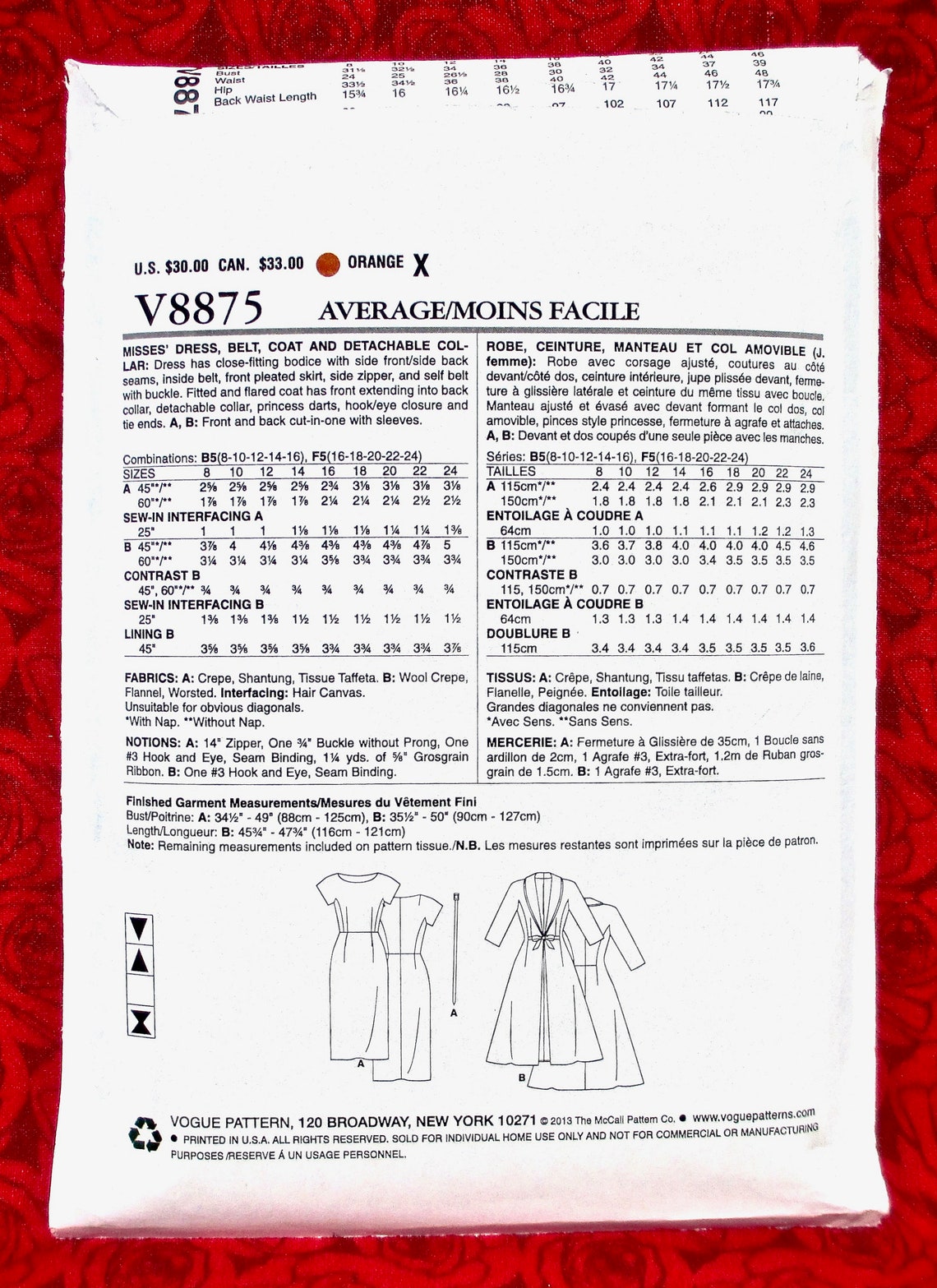 Vogue Sewing Pattern V8875 Sheath Dress Shawl Collar Coat - Etsy