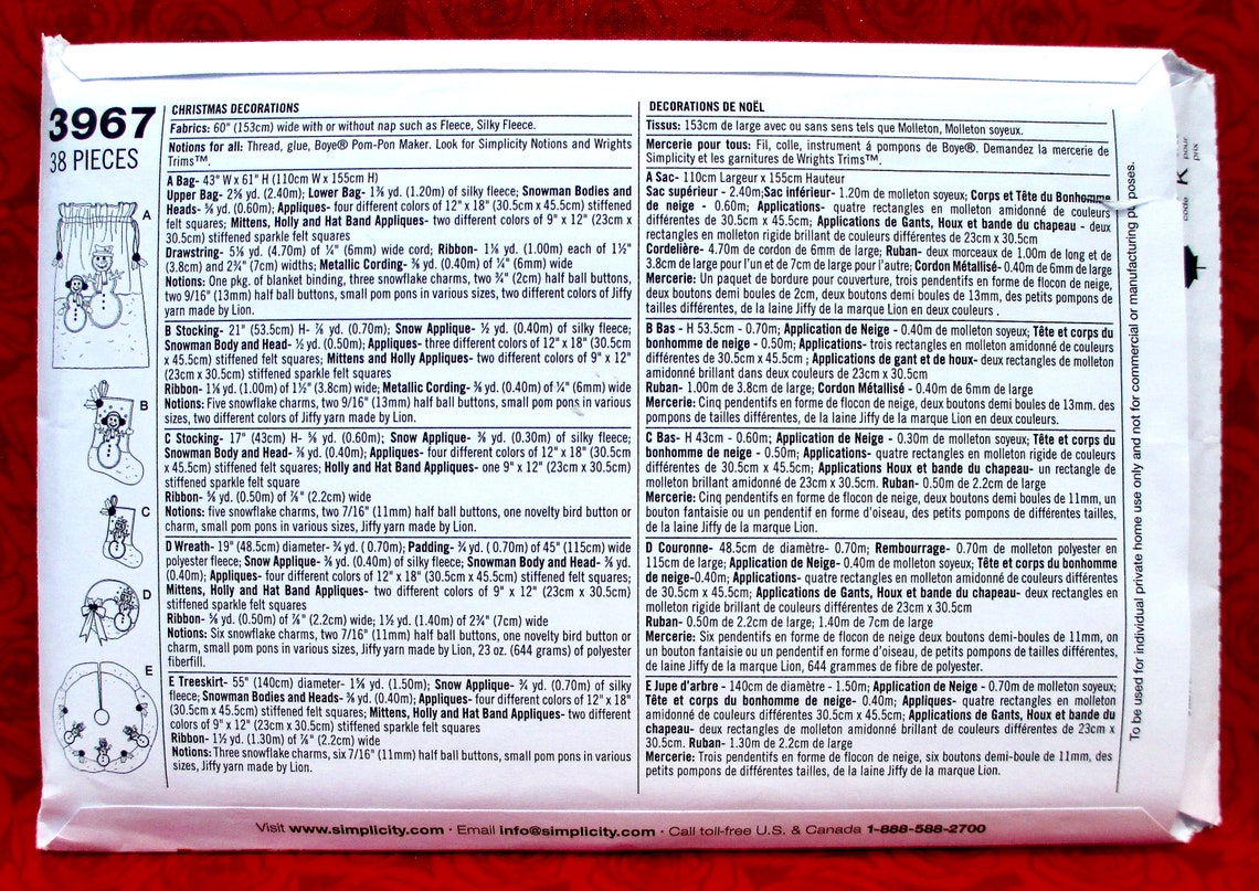 Simplicity Sewing Pattern 3967 Snowman Christmas Decorations | Etsy