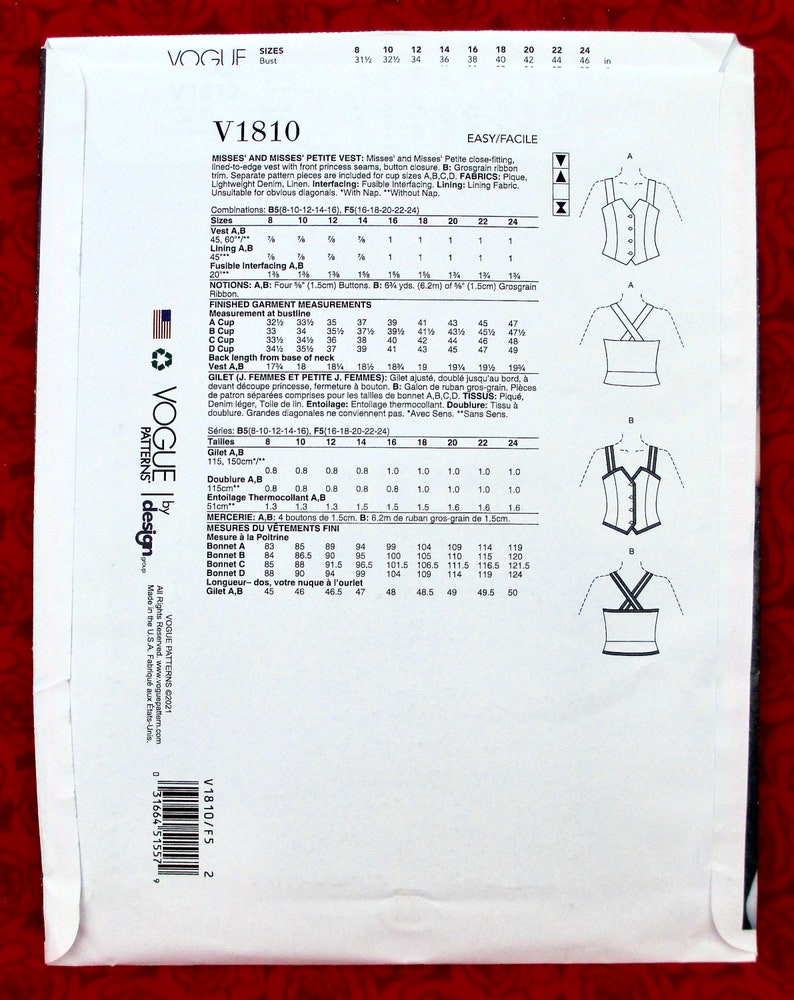 Vogue Easy Sewing Pattern V1810 Fitted Corset Style Vest - Etsy