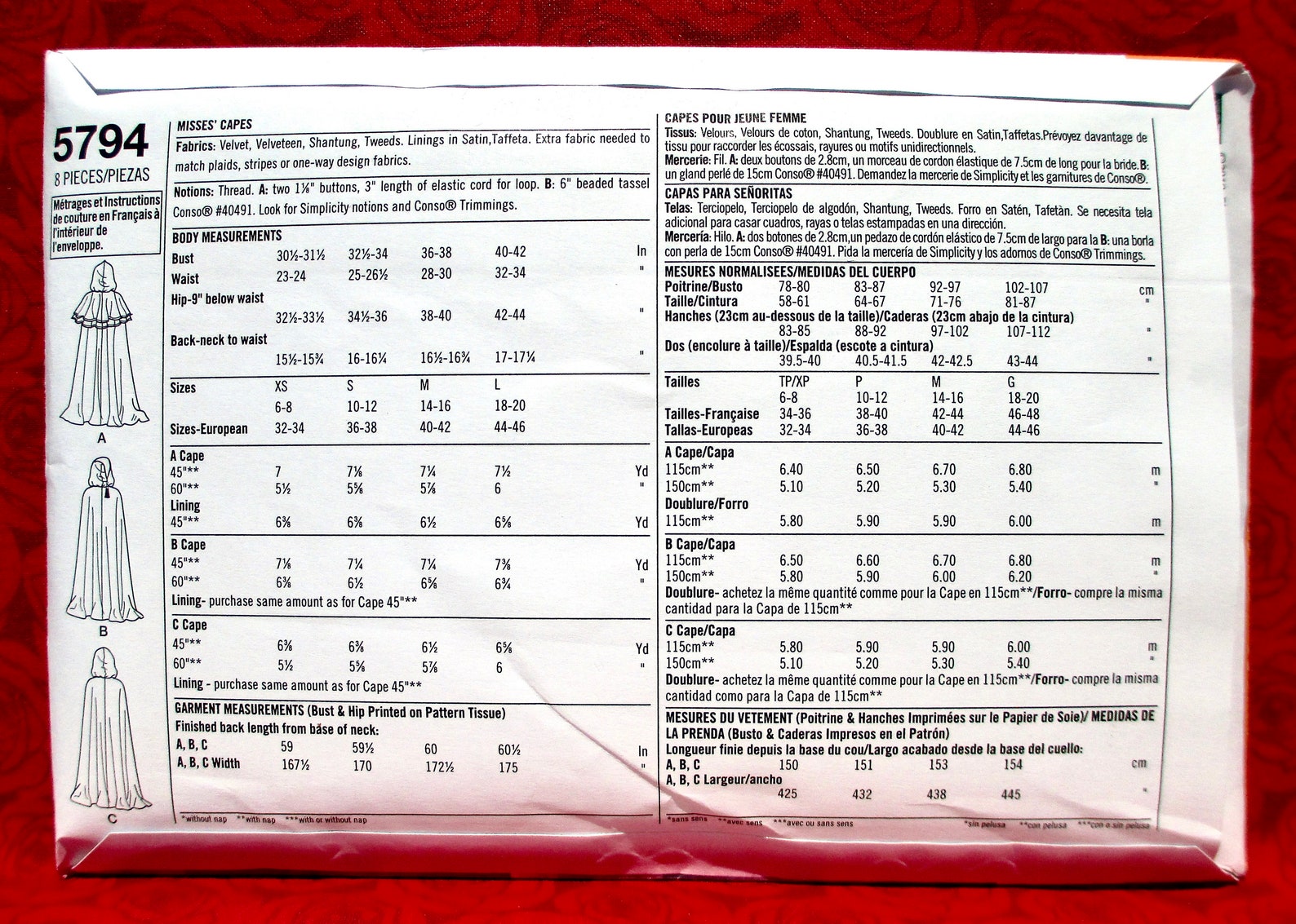 Simplicity Sewing Pattern 5794, Long Cape Cloak, Victorian Gothic ...