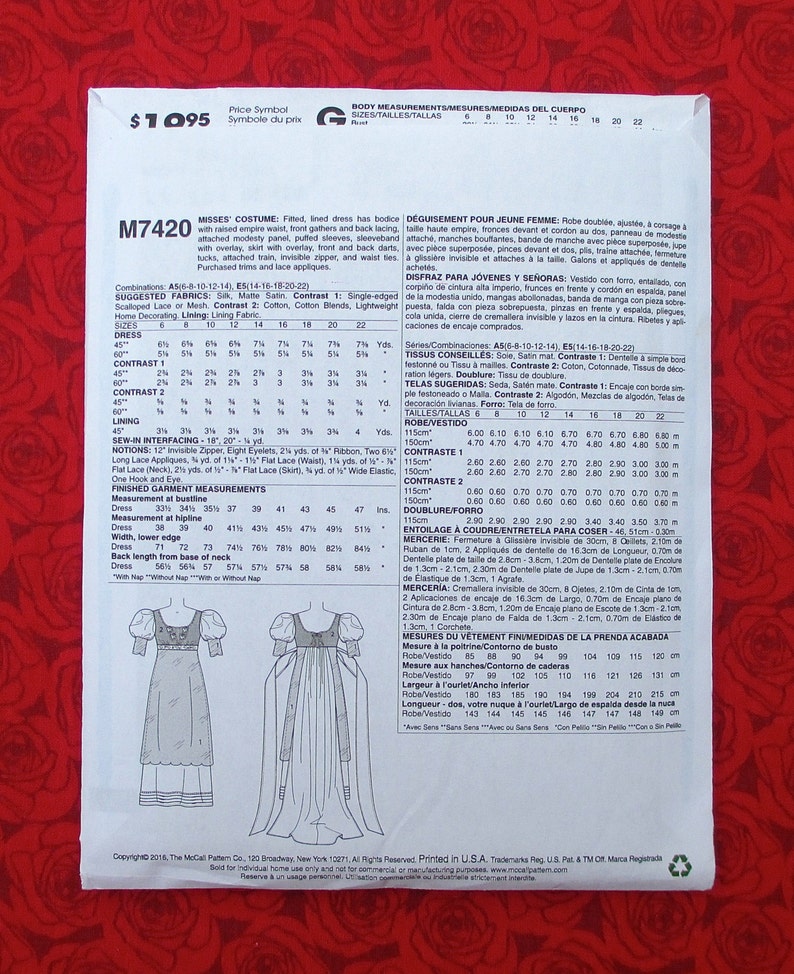 Mccall's Sewing Pattern M7420 Regency Gown Empire Waist - Etsy