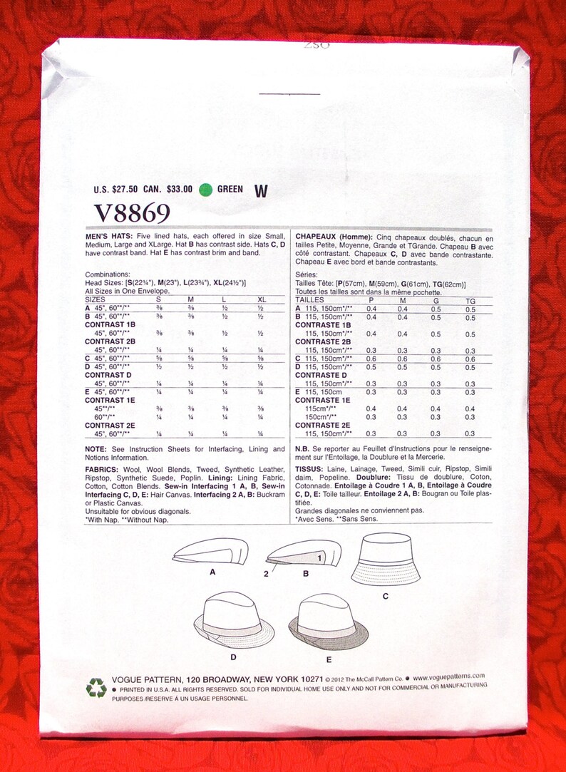 Vogue Sewing Pattern V8869 Hats Trilby Fedora Bucket Flat Ivy - Etsy