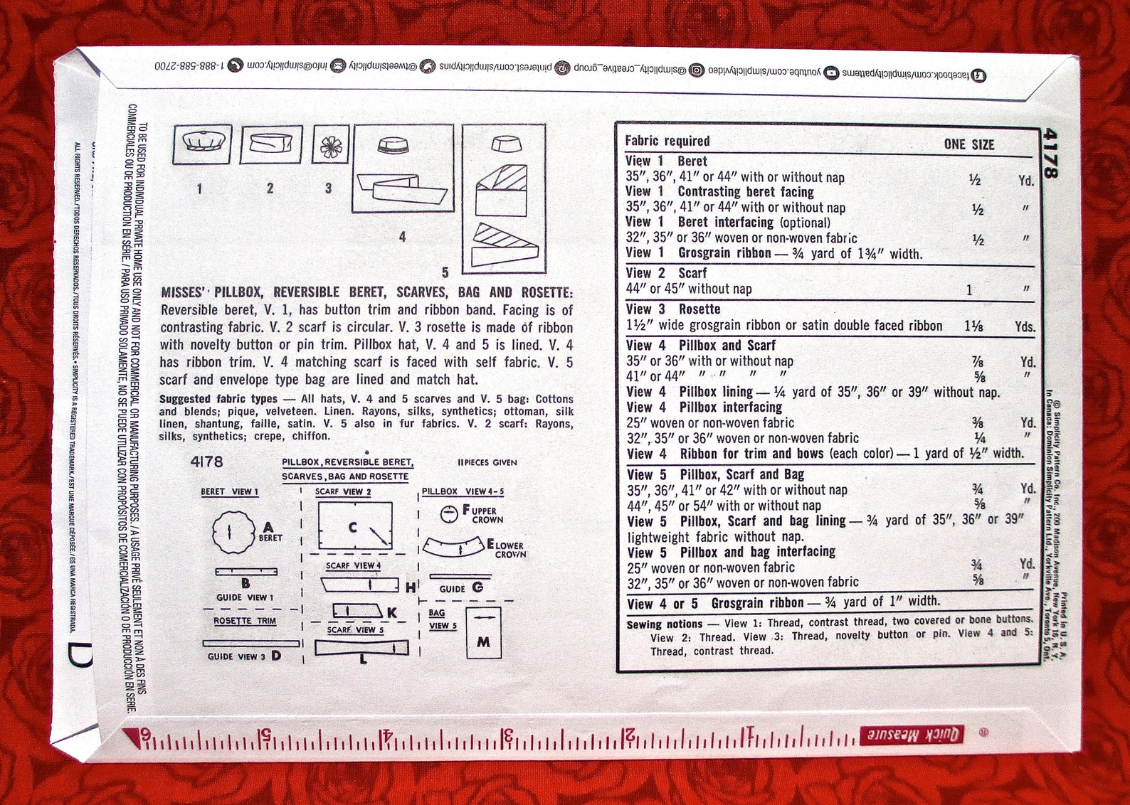 Simplicity Sewing Pattern 4178, Beret, Pillbox Hat, Purse, Scarf ...