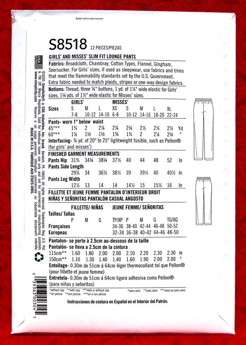 Simplicity Sewing Pattern 8518 Slim Fit Lounge Pants - Etsy