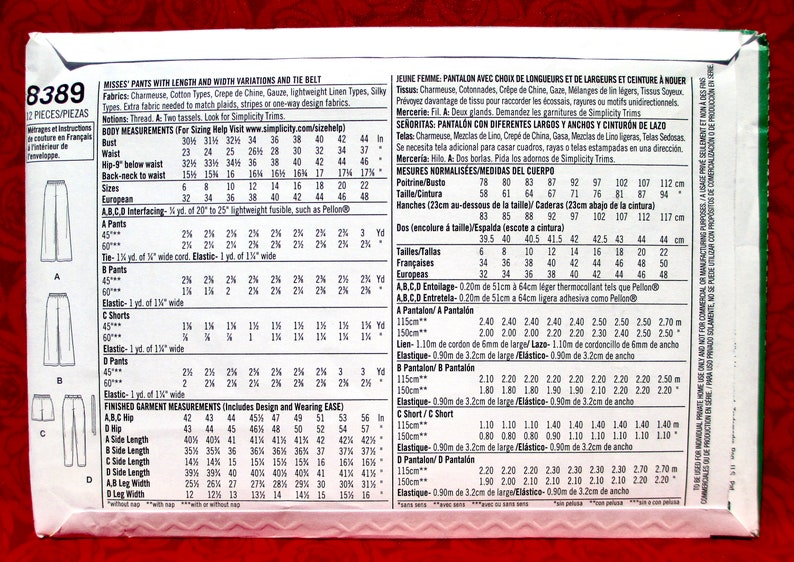 Simplicity Easy Sewing Pattern 8389 Long Pants Pull-on - Etsy