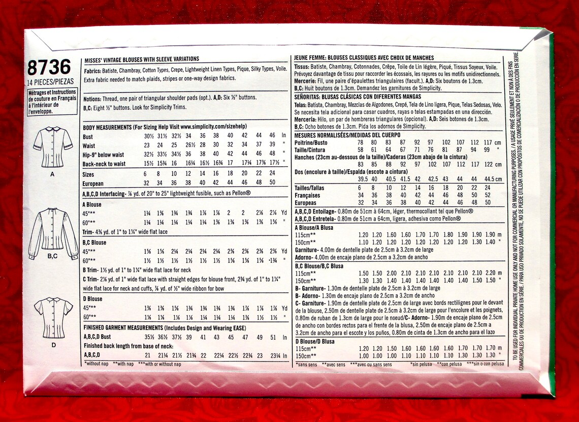 Simplicity Sewing Pattern 8736 1940's Blouses High Neck | Etsy