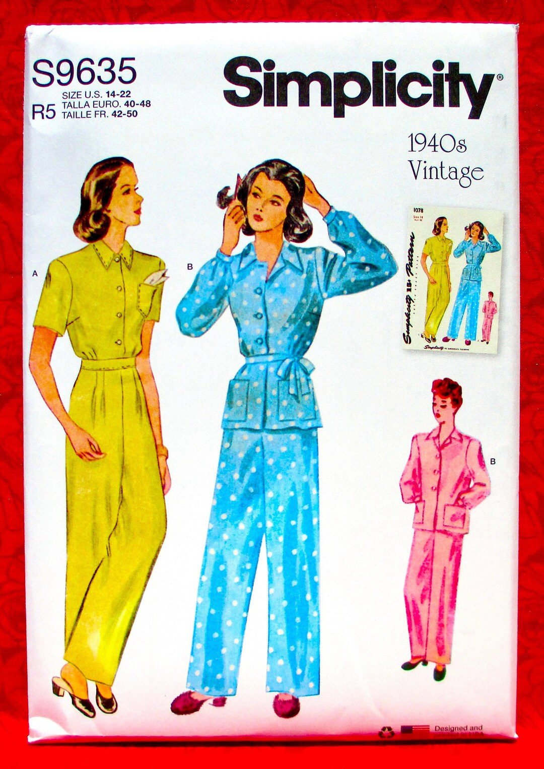 Simplicity Sewing Pattern S9635, 1940's Pajama Top Pants, Tie Belt ...