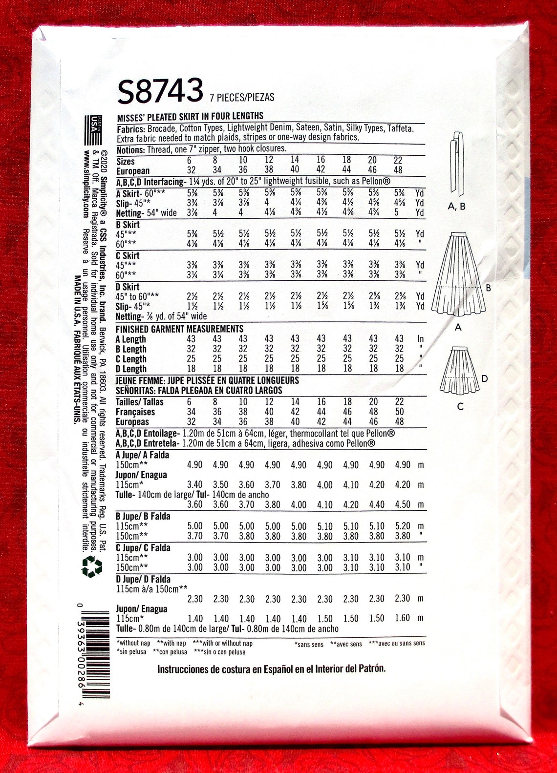 Simplicity Sewing Pattern 8743 Pleated Skirt Sash Classic - Etsy