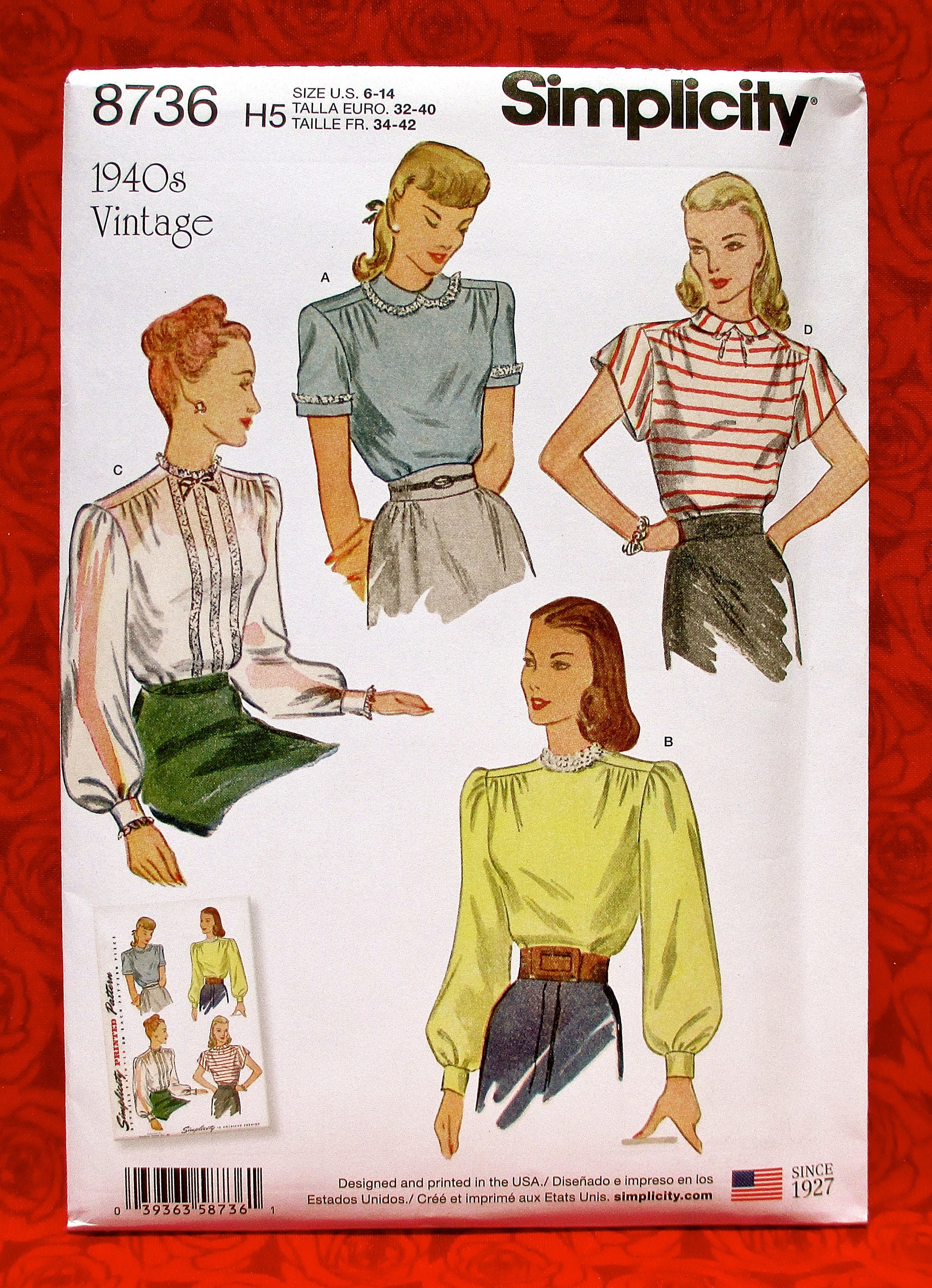 Simplicity Sewing Pattern 8736, 1940's Blouses, High Neck Simplicity Sewing Pattern 8736, 1940's Blouses, High Neck