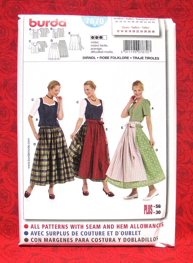 Burda Sewing Pattern 7870 Bavarian Folk Costume Dirndl Skirt | Etsy