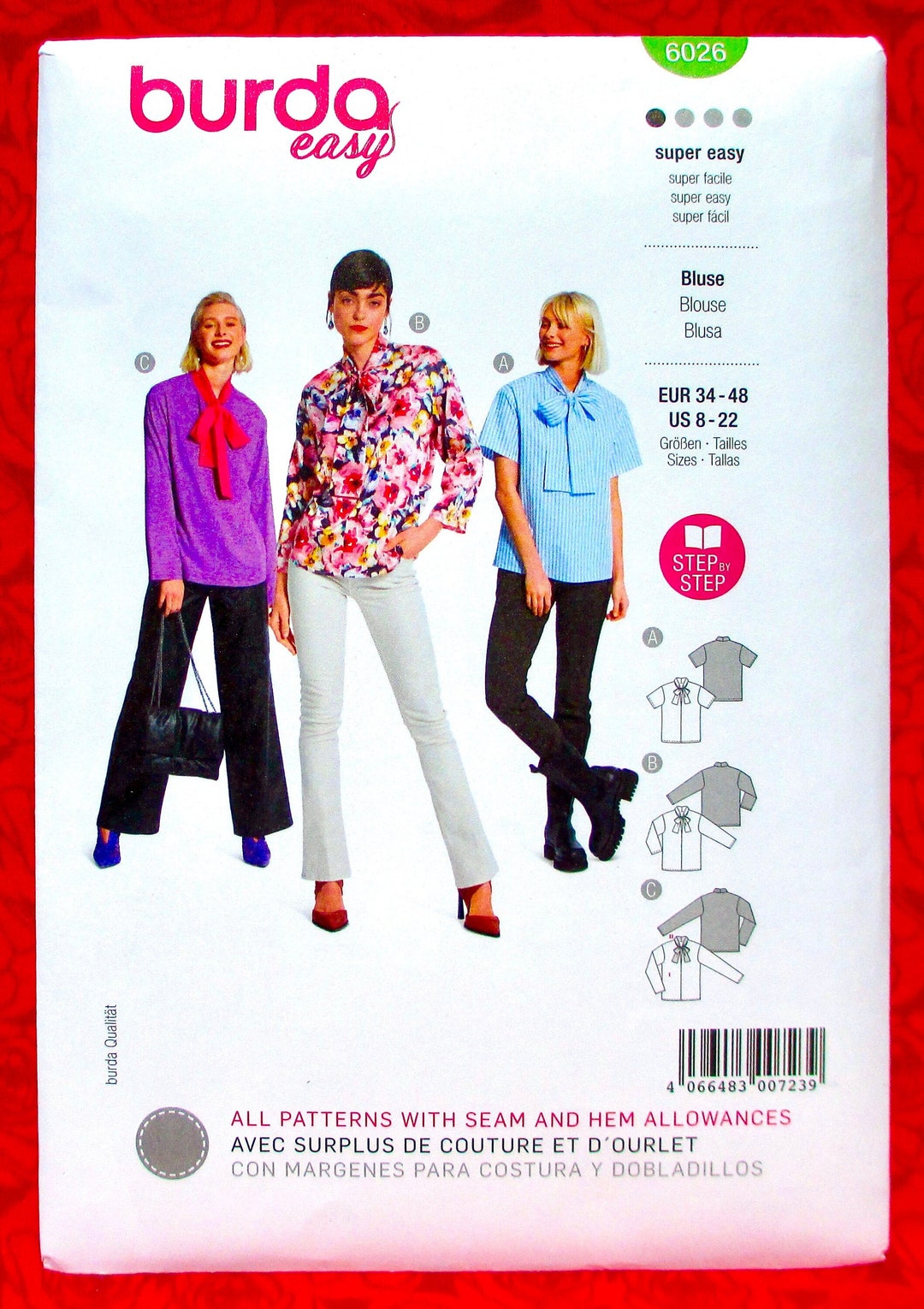 Burda Sewing Pattern 6026, Loose Fit Bow Tie Blouse, Short Long Sleeve ...