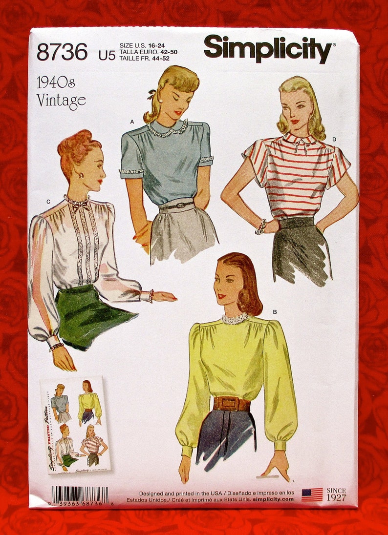 Simplicity Sewing Pattern 8736 1940's Blouses High Neck - Etsy