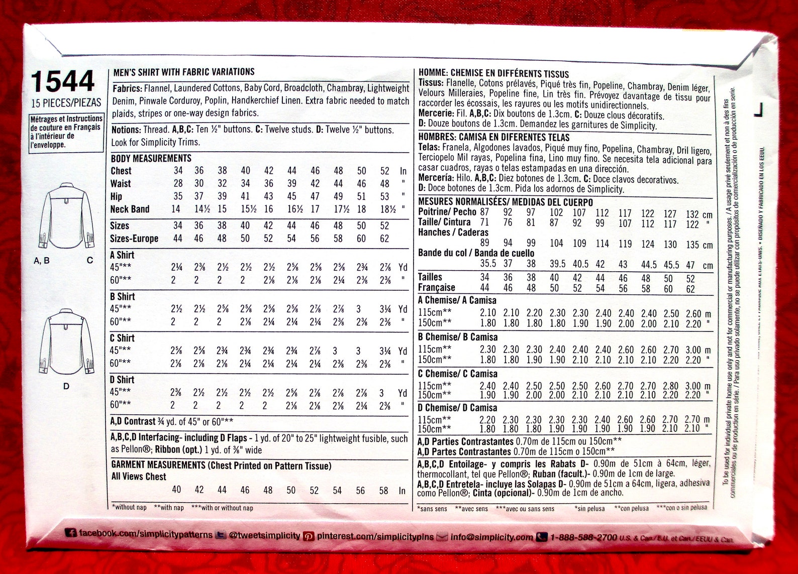 Simplicity Sewing Pattern 1544 Men's Fitted Shirts Long | Etsy