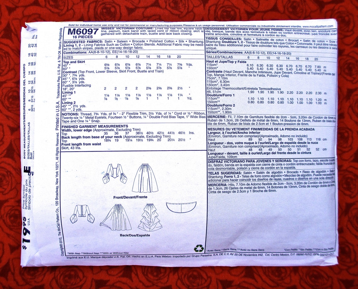 Mccall's Sewing Pattern M6097 Ball Gown Victorian 2-piece - Etsy