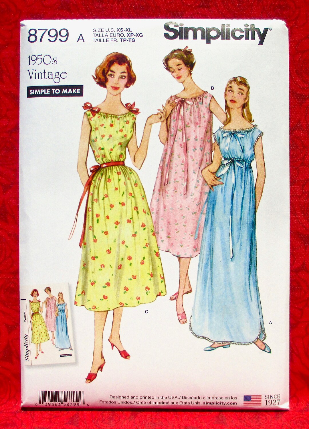 Simplicity Easy Sewing Pattern 8799 1950's Sleeveless Nightgowns, Miss ...