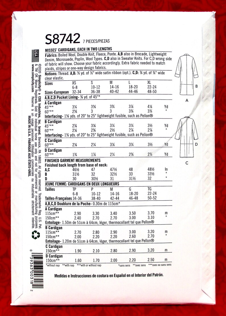 Simplicity Sewing Pattern S8742 Cardigan Coat Jacket Shawl - Etsy