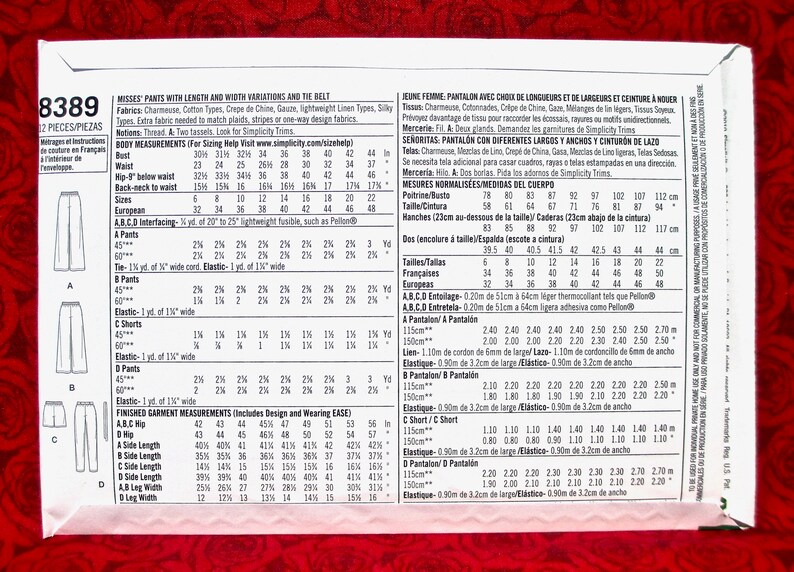 Simplicity Easy Sewing Pattern 8389 Long Pants Pull-on - Etsy