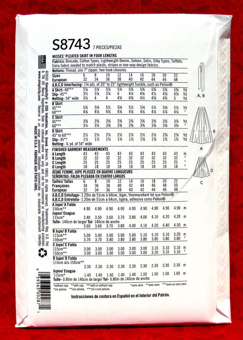 Simplicity Sewing Pattern S8743 Pleated Skirt Sash Classic - Etsy