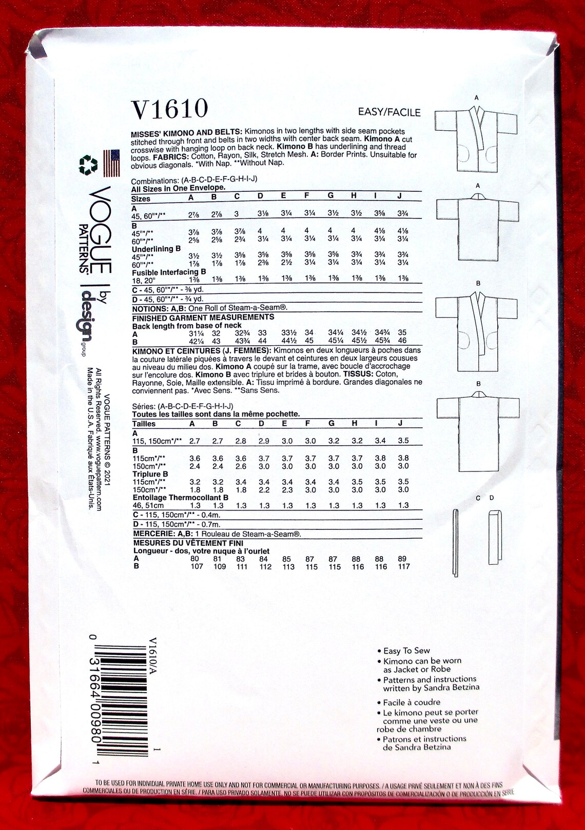 Vogue V1610 Easy Sewing Pattern Kimono Jacket Loose Fit - Etsy