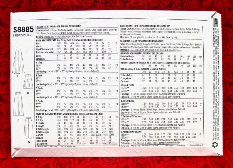 Simplicity Sewing Pattern S8885 Wide Leg Pants Flare Skirts - Etsy
