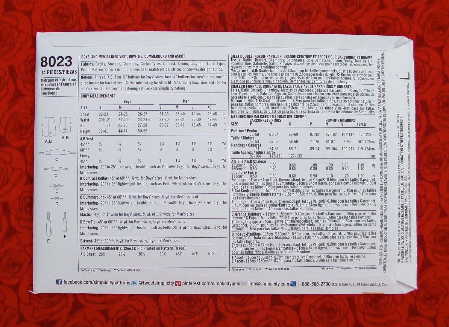 Simplicity Sewing Pattern 8023 Vest Bow Tie Ascot Cummerbund | Etsy