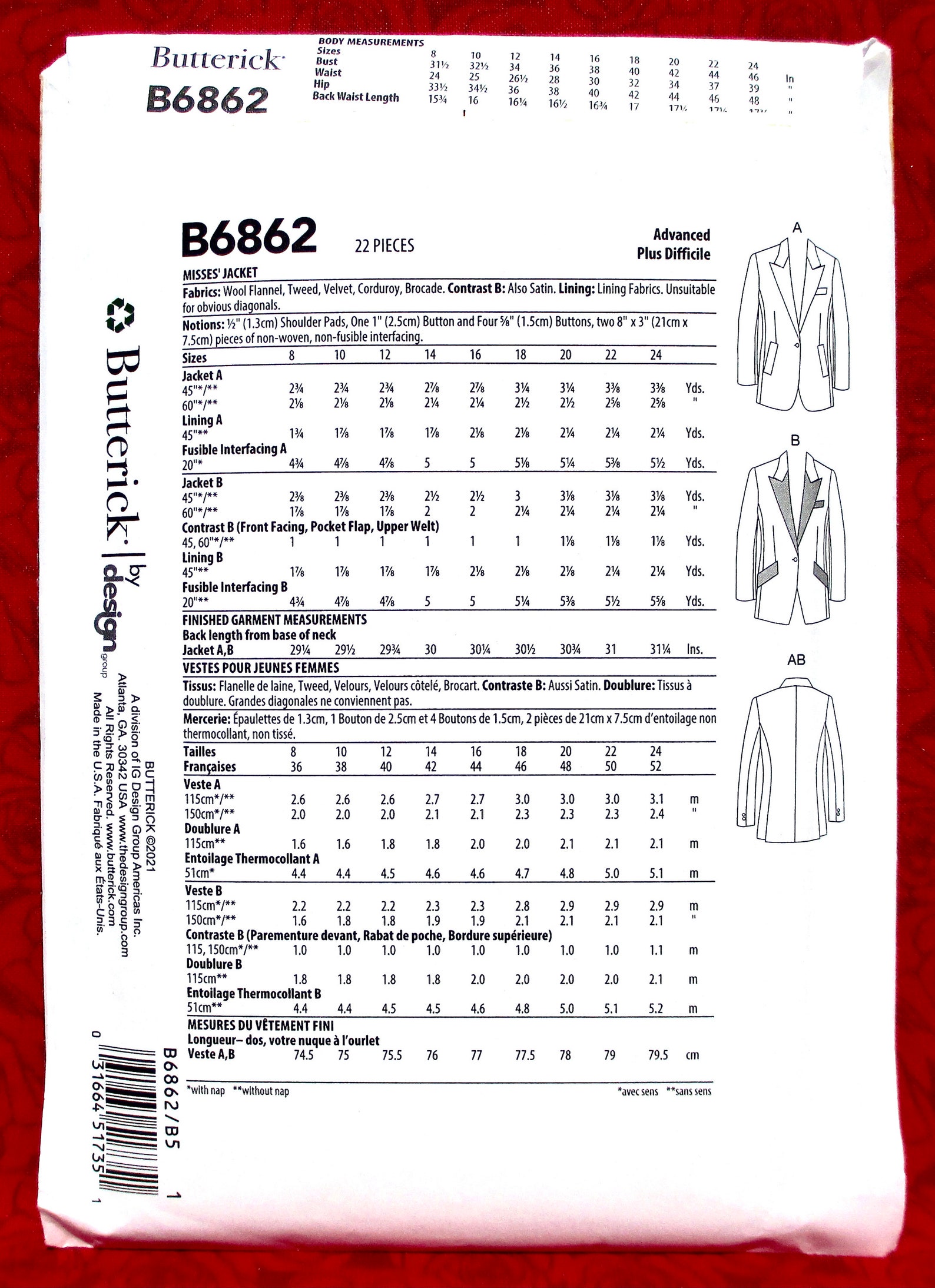 Butterick Sewing Pattern B6862 Blazer Jacket Notched Collar - Etsy