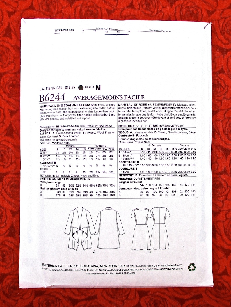 Butterick Sewing Pattern B6244 Draped Collar Coat Dress - Etsy